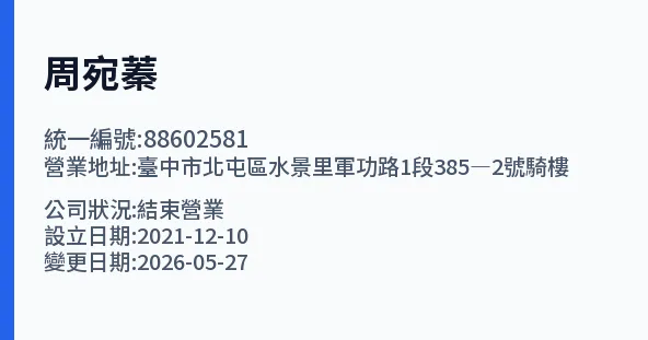 周宛蓁的照片-統編 88602581(臺中市) 公司登記資料與營業項目詳細圖表