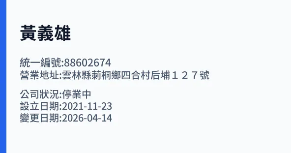 黃義雄的照片-統編 88602674(雲林縣) 公司登記資料與營業項目詳細圖表