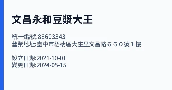 文昌永和豆漿大王的照片-統編 88603343(臺中市) 公司登記資料與營業項目詳細圖表