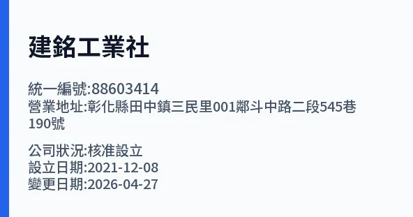 建銘工業社的照片-統編 88603414(彰化縣) 公司登記資料與營業項目詳細圖表