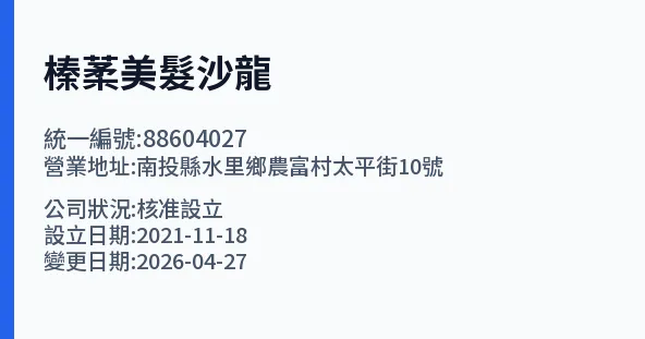 榛葇美髮沙龍的照片-統編 88604027(南投縣) 公司登記資料與營業項目詳細圖表