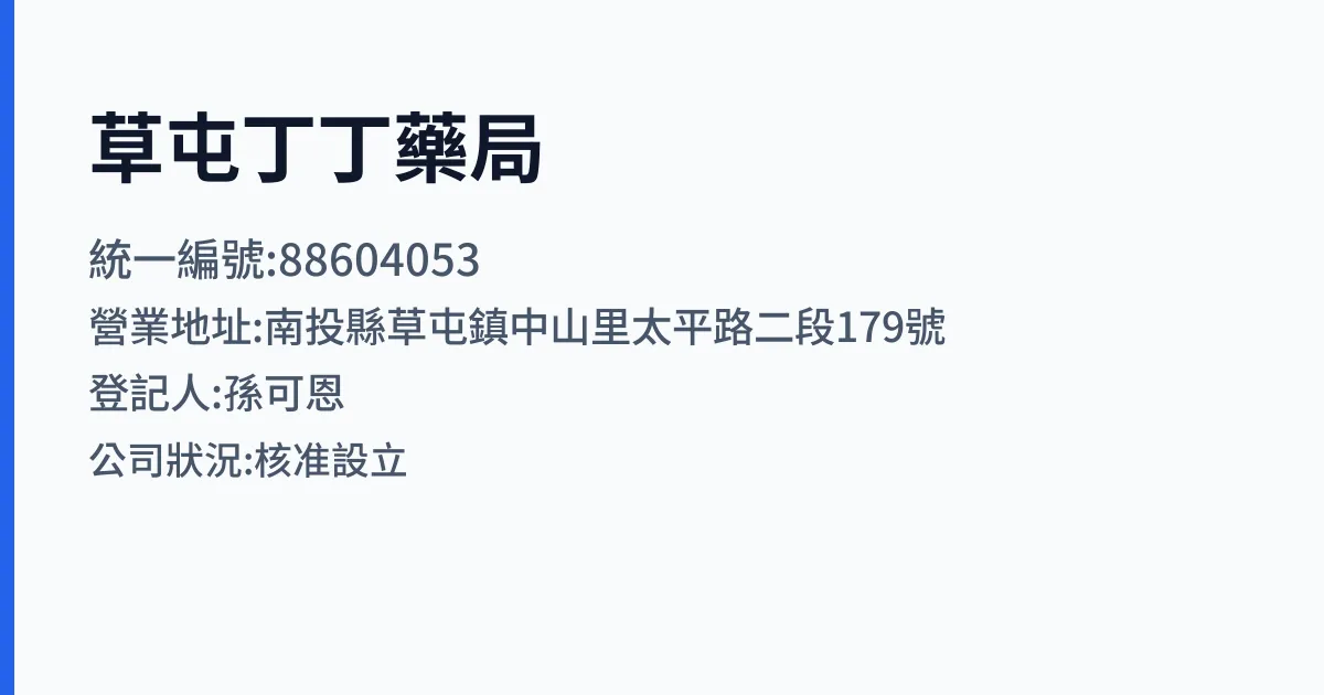 草屯丁丁藥局 - 統編 88604053(南投縣) 公司登記資料與營業項目詳細圖表