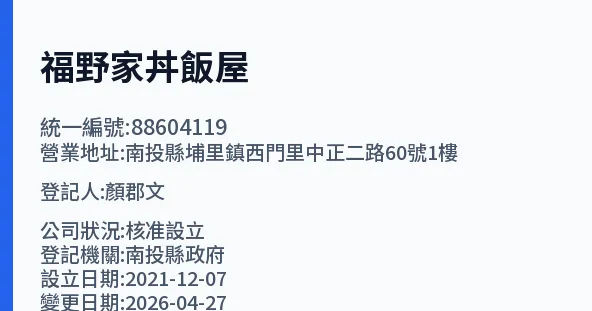 福野家丼飯屋的照片-統編 88604119(南投縣) 公司登記資料與營業項目詳細圖表