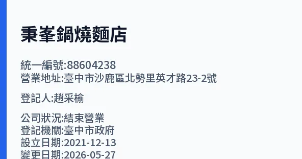 秉峯鍋燒麵店的照片-統編 88604238(臺中市) 公司登記資料與營業項目詳細圖表
