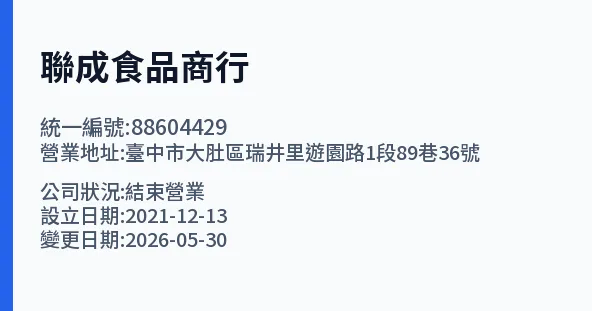聯成食品商行的照片-統編 88604429(臺中市) 公司登記資料與營業項目詳細圖表