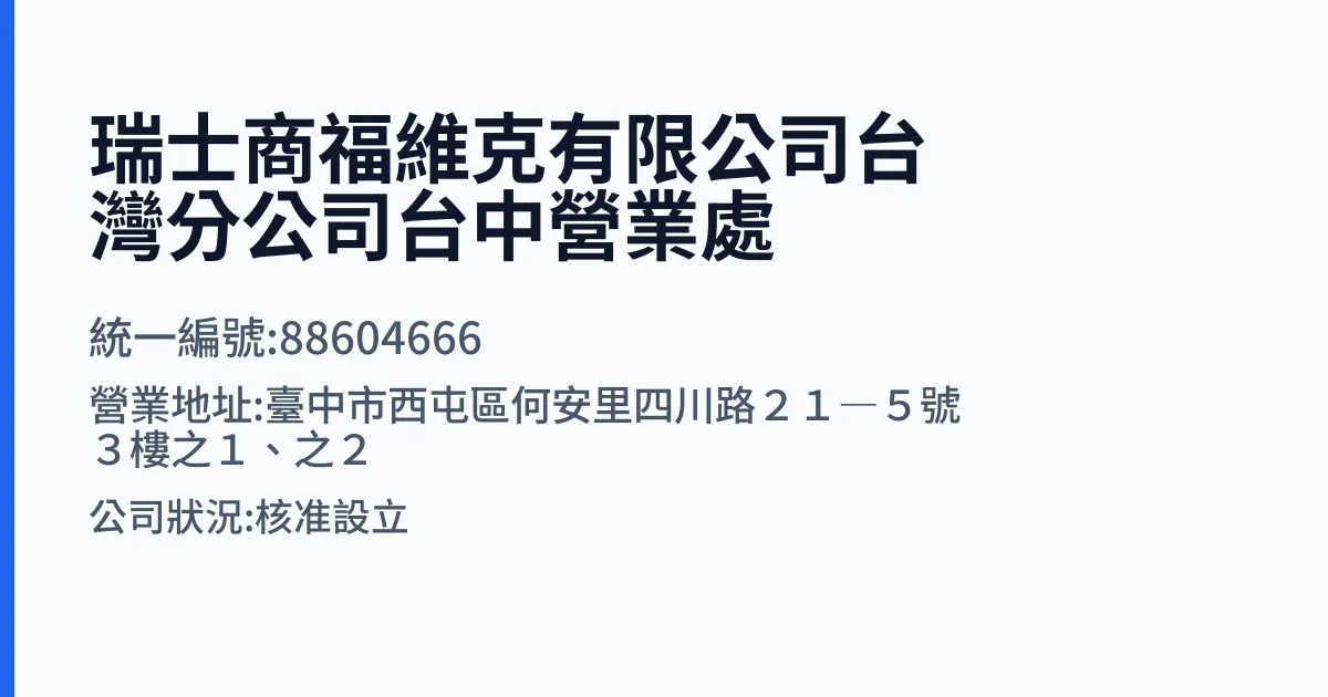 瑞士商福維克有限公司台灣分公司台中營業處 - 統編 88604666(臺中市) 公司登記資料與營業項目詳細圖表