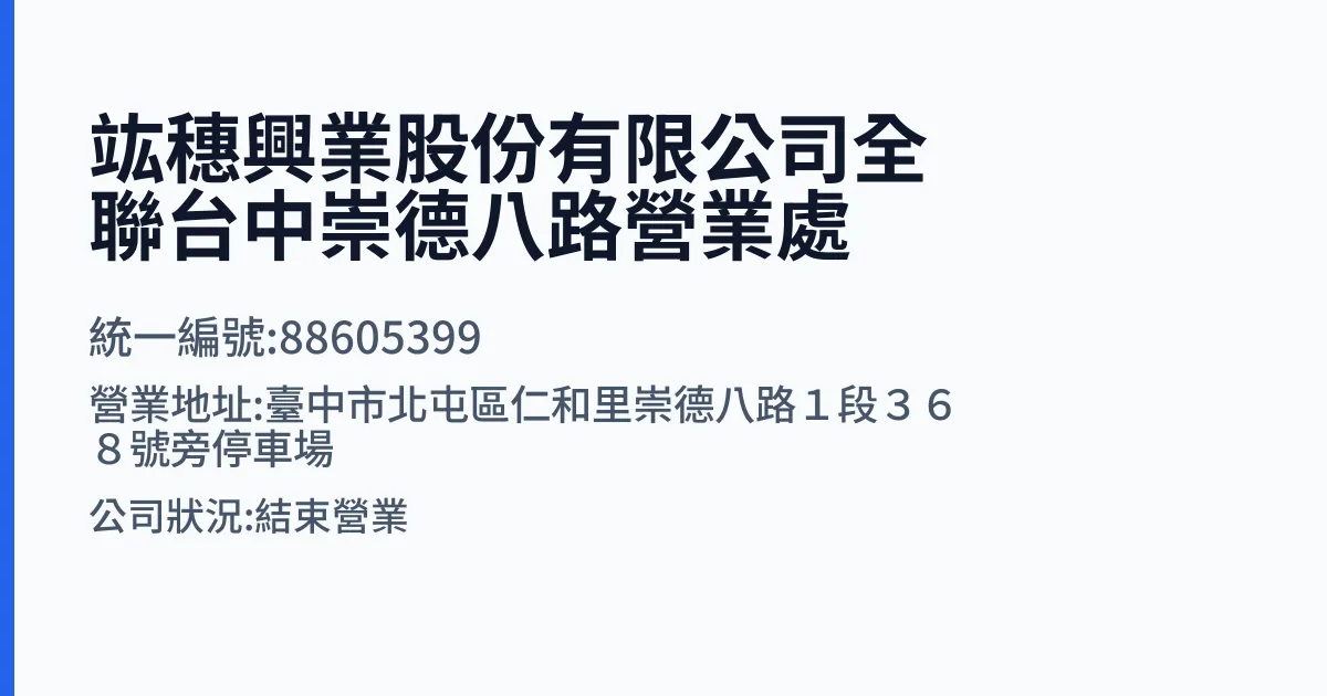 竑穗興業股份有限公司全聯台中崇德八路營業處 - 統編 88605399(臺中市) 公司登記資料與營業項目詳細圖表