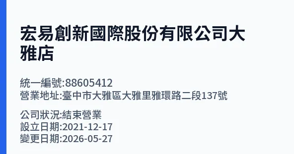 宏易創新國際股份有限公司大雅店的照片-統編 88605412(臺中市) 公司登記資料與營業項目詳細圖表