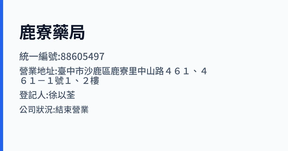 鹿寮藥局 - 統編 88605497(臺中市) 公司登記資料與營業項目詳細圖表