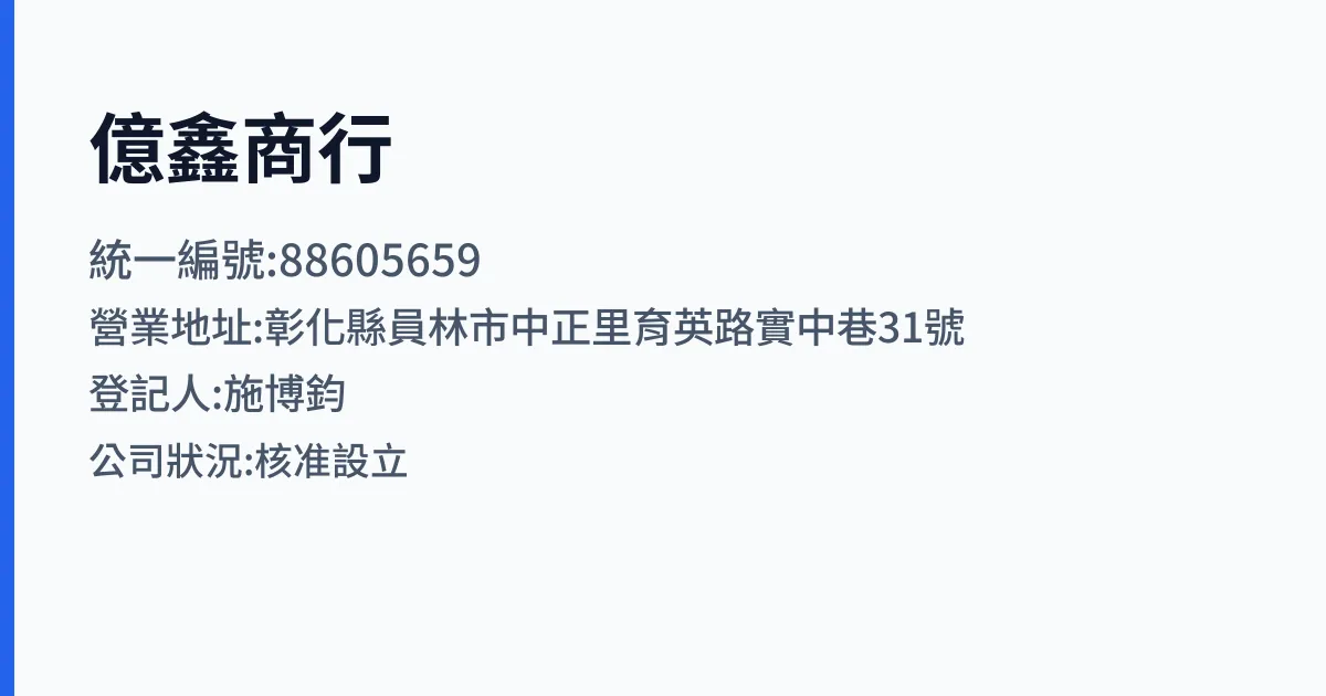 億鑫商行 - 統編 88605659(彰化縣) 公司登記資料與營業項目詳細圖表