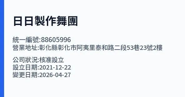 日日製作舞團的照片-統編 88605996(彰化縣) 公司登記資料與營業項目詳細圖表