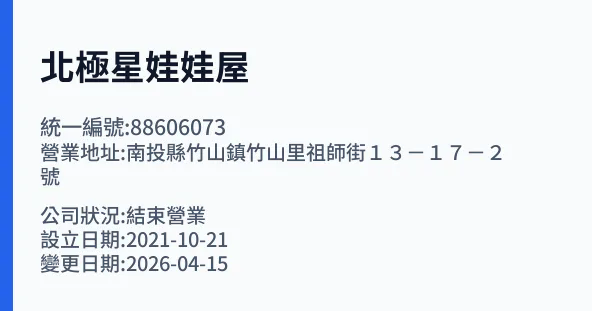 北極星娃娃屋的照片-統編 88606073(南投縣) 公司登記資料與營業項目詳細圖表
