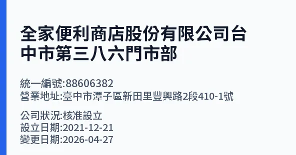 全家便利商店股份有限公司台中市第三八六門市部的照片-統編 88606382(臺中市) 公司登記資料與營業項目詳細圖表