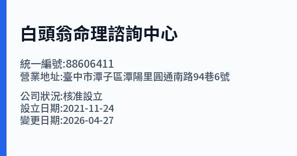 白頭翁命理諮詢中心的照片-統編 88606411(臺中市) 公司登記資料與營業項目詳細圖表