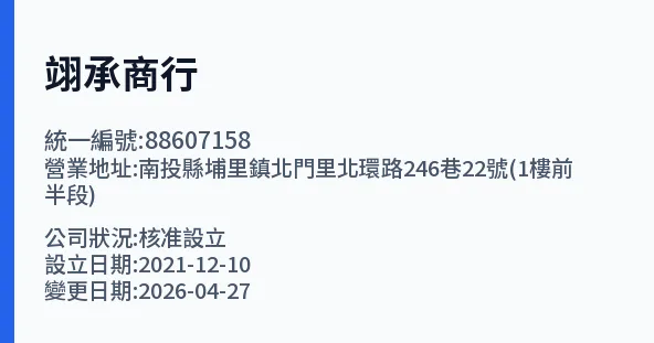 翊承商行的照片-統編 88607158(南投縣) 公司登記資料與營業項目詳細圖表