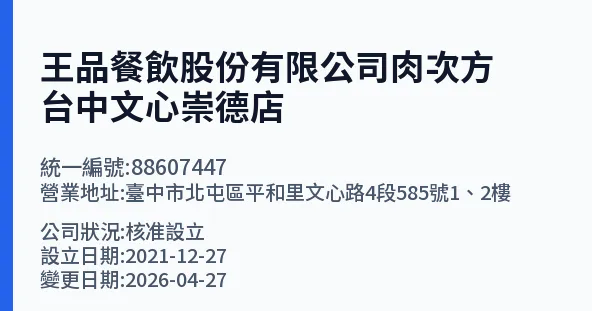 王品餐飲股份有限公司肉次方台中文心崇德店的照片-統編 88607447(臺中市) 公司登記資料與營業項目詳細圖表