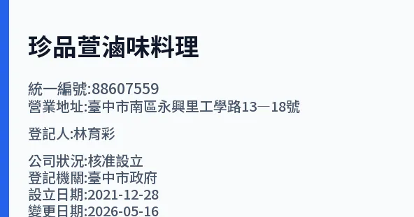 珍品萱滷味料理的照片-統編 88607559(臺中市) 公司登記資料與營業項目詳細圖表