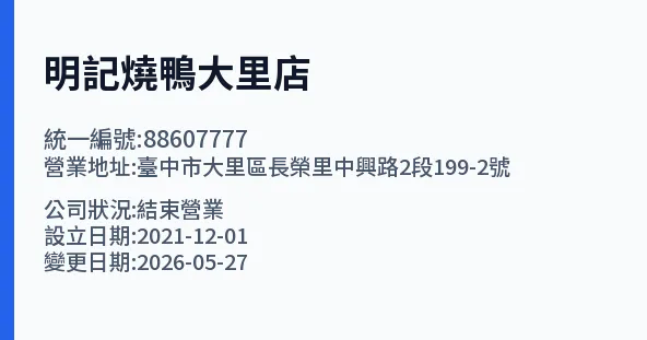 明記燒鴨大里店的照片-統編 88607777(臺中市) 公司登記資料與營業項目詳細圖表