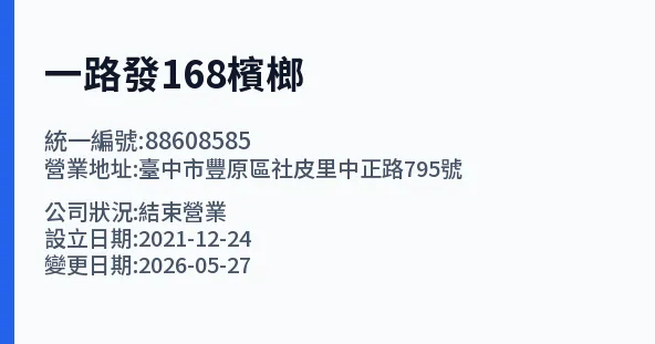 一路發168檳榔的照片-統編 88608585(臺中市) 公司登記資料與營業項目詳細圖表