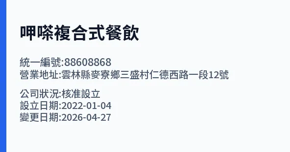 呷嗏複合式餐飲的照片-統編 88608868(雲林縣) 公司登記資料與營業項目詳細圖表