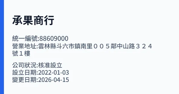承果商行的照片-統編 88609000(雲林縣) 公司登記資料與營業項目詳細圖表