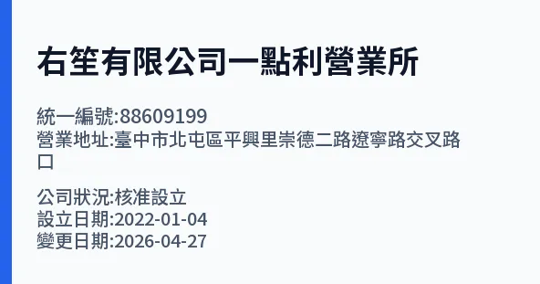 右笙有限公司一點利營業所的照片-統編 88609199(臺中市) 公司登記資料與營業項目詳細圖表
