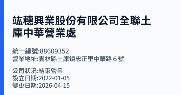 竑穗興業股份有限公司全聯土庫中華營業處的照片-統編 88609352(雲林縣) 公司登記資料與營業項目詳細圖表