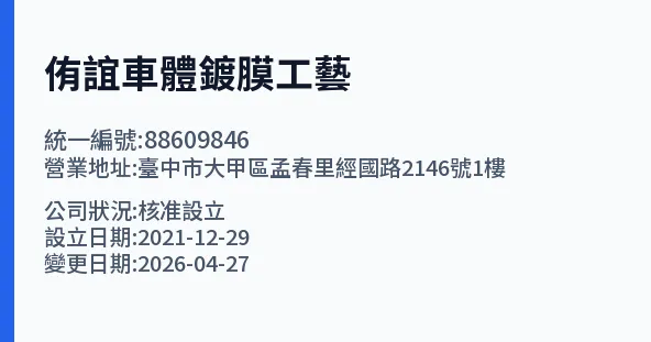 侑誼車體鍍膜工藝的照片-統編 88609846(臺中市) 公司登記資料與營業項目詳細圖表