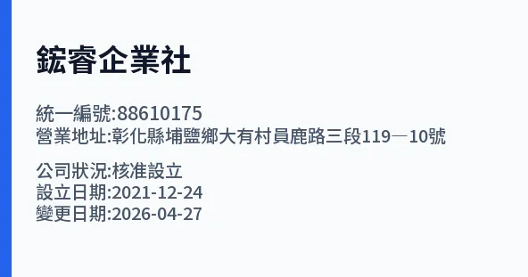 鋐睿企業社的照片-統編 88610175(彰化縣) 公司登記資料與營業項目詳細圖表