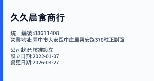 久久晨食商行的照片-統編 88611408(臺中市) 公司登記資料與營業項目詳細圖表