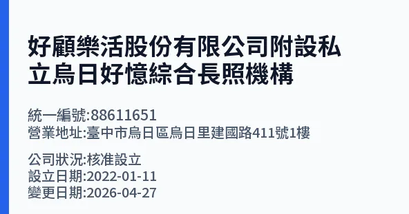 好顧樂活股份有限公司附設私立烏日好憶綜合長照機構的照片-統編 88611651(臺中市) 公司登記資料與營業項目詳細圖表