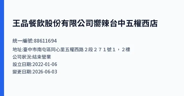 王品餐飲股份有限公司嚮辣台中五權西店的照片-統編 88611694(臺中市) 公司登記資料與營業項目詳細圖表