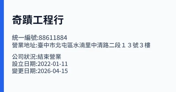 奇蹟工程行的照片-統編 88611884(臺中市) 公司登記資料與營業項目詳細圖表