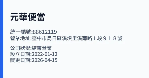 元華便當的照片-統編 88612119(臺中市) 公司登記資料與營業項目詳細圖表