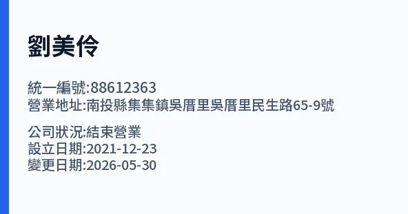 劉美伶的照片-統編 88612363(南投縣) 公司登記資料與營業項目詳細圖表