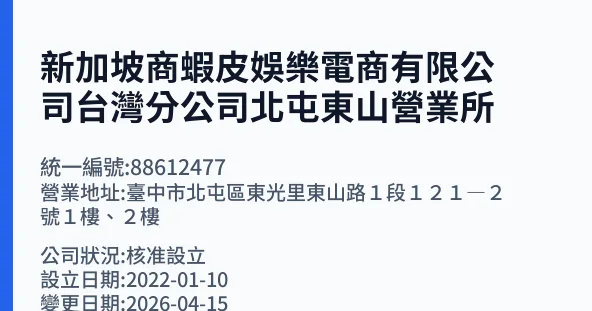 新加坡商蝦皮娛樂電商有限公司台灣分公司北屯東山營業所的照片-統編 88612477(臺中市) 公司登記資料與營業項目詳細圖表