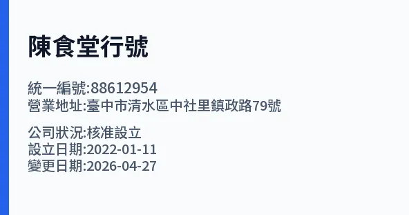 陳食堂行號的照片-統編 88612954(臺中市) 公司登記資料與營業項目詳細圖表