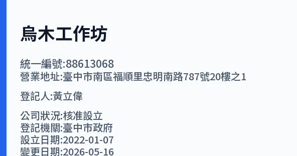 烏木工作坊的照片-統編 88613068(臺中市) 公司登記資料與營業項目詳細圖表