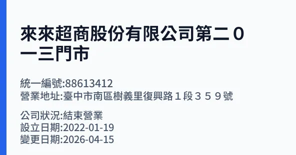 來來超商股份有限公司第二０一三門市的照片-統編 88613412(臺中市) 公司登記資料與營業項目詳細圖表