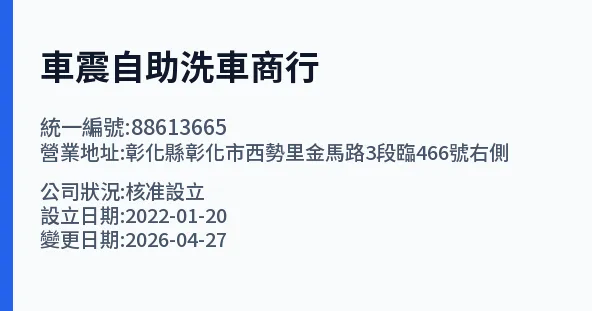 車震自助洗車商行的照片-統編 88613665(彰化縣) 公司登記資料與營業項目詳細圖表
