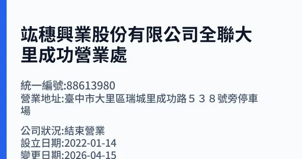 竑穗興業股份有限公司全聯大里成功營業處的照片-統編 88613980(臺中市) 公司登記資料與營業項目詳細圖表