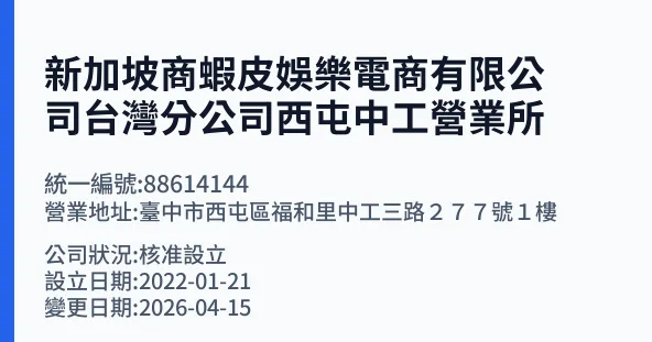 新加坡商蝦皮娛樂電商有限公司台灣分公司西屯中工營業所的照片-統編 88614144(臺中市) 公司登記資料與營業項目詳細圖表