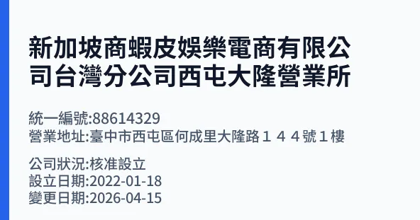 新加坡商蝦皮娛樂電商有限公司台灣分公司西屯大隆營業所的照片-統編 88614329(臺中市) 公司登記資料與營業項目詳細圖表
