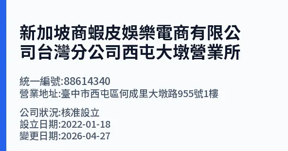 新加坡商蝦皮娛樂電商有限公司台灣分公司西屯大墩營業所的照片-統編 88614340(臺中市) 公司登記資料與營業項目詳細圖表