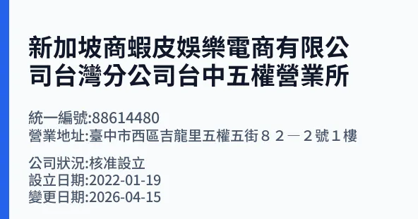 新加坡商蝦皮娛樂電商有限公司台灣分公司台中五權營業所的照片-統編 88614480(臺中市) 公司登記資料與營業項目詳細圖表