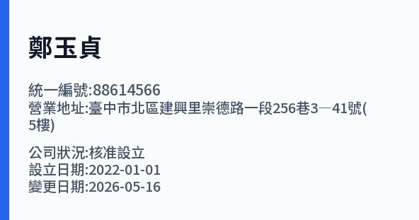 鄭玉貞的照片-統編 88614566(臺中市) 公司登記資料與營業項目詳細圖表