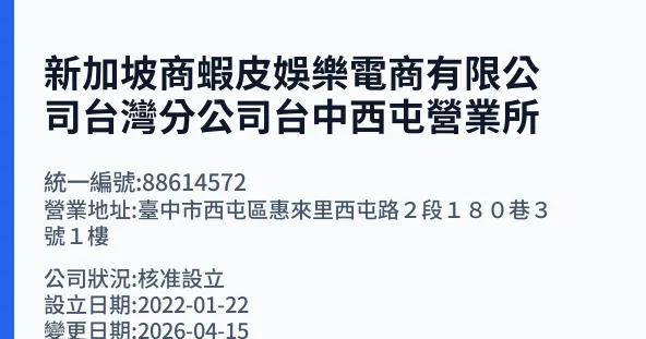 新加坡商蝦皮娛樂電商有限公司台灣分公司台中西屯營業所的照片-統編 88614572(臺中市) 公司登記資料與營業項目詳細圖表