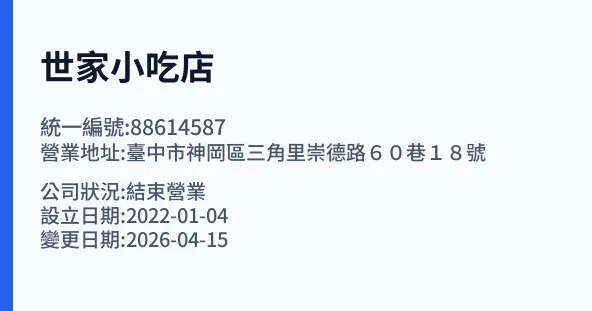 世家小吃店的照片-統編 88614587(臺中市) 公司登記資料與營業項目詳細圖表