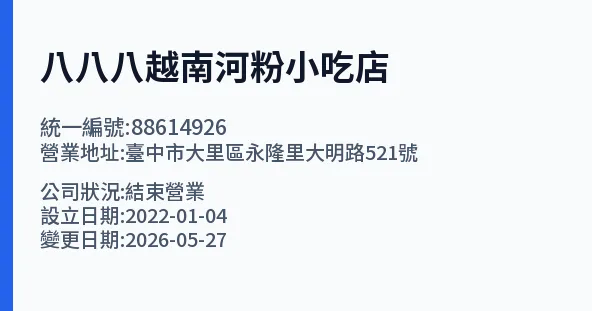 八八八越南河粉小吃店的照片-統編 88614926(臺中市) 公司登記資料與營業項目詳細圖表