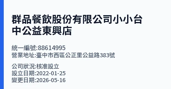群品餐飲股份有限公司小小台中公益東興店的照片-統編 88614995(臺中市) 公司登記資料與營業項目詳細圖表